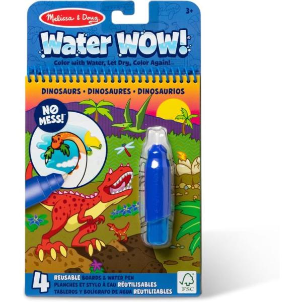 恐竜をテーマにした「Water WOW!」シリーズのぬりえパッドです。付属の太めのウォーターペンに水を入れて塗ると、4ページのイラストが色鮮やかに現れます。インクや絵の具を使わないため、手や周りを汚しにくく楽しめます。乾いた状態ではシンプル...