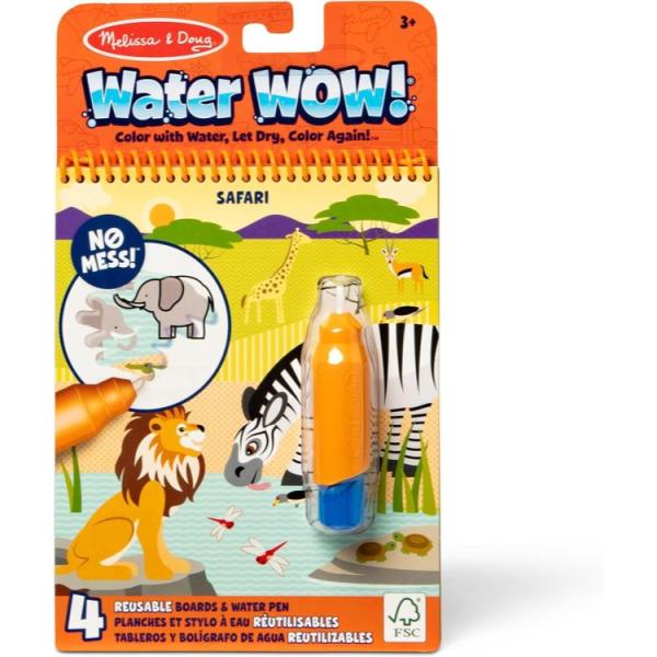 サファリをテーマにした4ページの水ぬりえアクティビティブックです。水を入れて使う専用ウォーターペンでページをなぞると、動物たちのカラフルなイラストが現れ、乾くと元に戻るため、何度でも繰り返し楽しめます。乾いた状態ではシンプルな線画が描かれて...