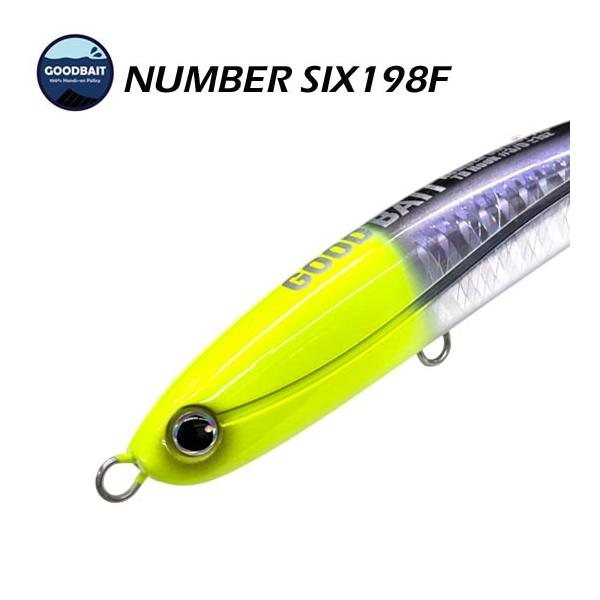 NUMBER SIX198F SPEC全長：198mm自重：71gタイプ：Floating (スプラッシュ系ダイビングペンシル）ポッピングとダイビングをフックセットで選択スプラッシュ系ペンシルベイト。アゴから腹アイまで独特なカップを採用しト...
