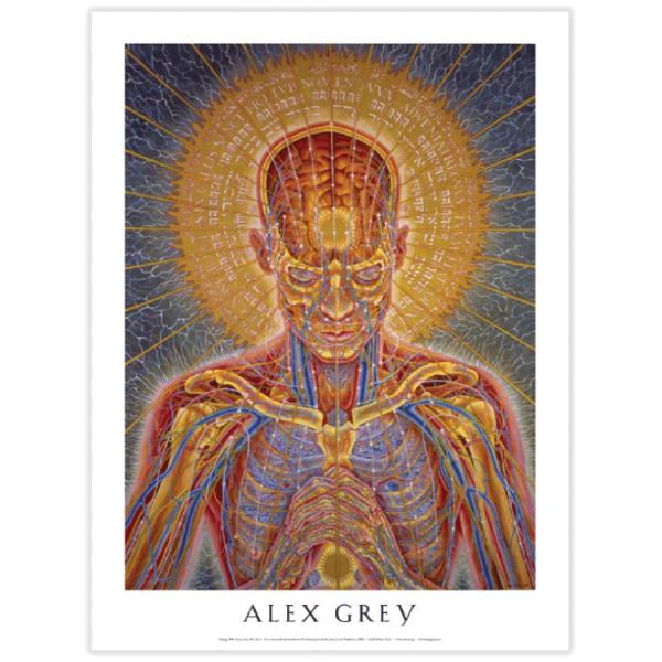 アメリカのヴィジョナリーアーティストALEX GREY(アレックスグレイ)のオフィシャルポスターです。祈りは脳内の内なる光（＝人類共通の意識の源）から発せられているという、宗教的普遍主義（ユニバーサリズム）を表現したような作品です。