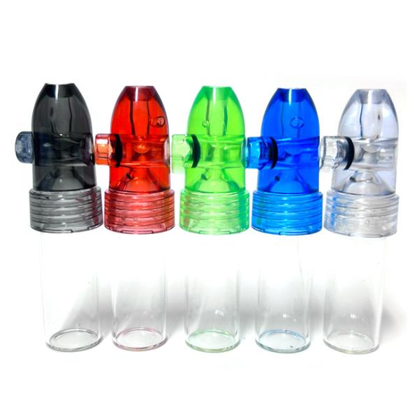 嗅ぎタバコ用スニッフボトル、通称ロケットです。逆さにして横のレバーを１回転させると１回分セットされます。上部分はアクリル、ボトル部分はガラス製です。