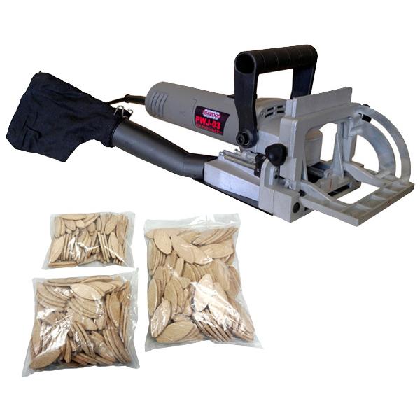 【ジョイントカッタ ピーウッド PWJ-03】●ビスケット（ブナの圧縮材）を使って簡単確実な美しい継手加工。●額縁の留め加工各種家具の継手加工が飛躍的に能率アップ。●切り込み深さはビスケットの番号をストッパにあわせるだけ。●フェンスは0〜9...