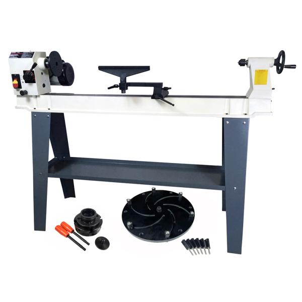 【ピーウッド 木工旋盤 PWL-1100VD】●最大加工長さ1100mm、最大加工径356mmが加工できる低価格木工旋盤。●主軸モーター部、ベッド、バイト台、芯押し台ともに鋳鉄製で（スタンド部は鋼製）で頑丈な作りになっております。●主軸には...