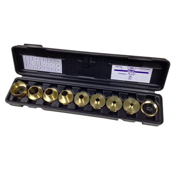 セット内容：5/16", 3/8", 7/16", 1/2", 39/64", 13/16", 1", 1-3/8" O.Dの各サイズテンプレートガイドと固定リングの9個セットです適応機種：ポーターケーブルルーター等