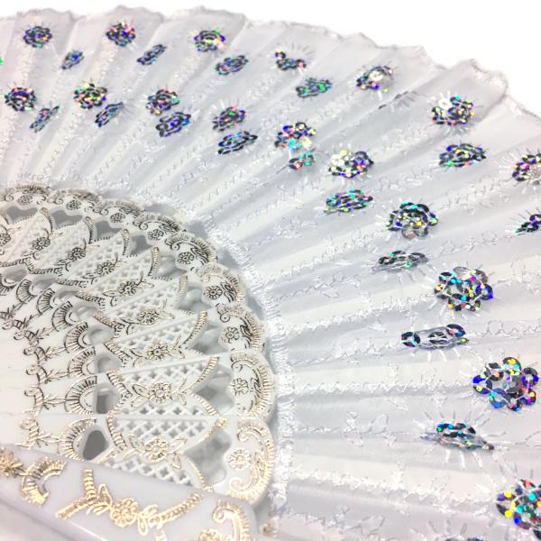 ホワイト系のレインボーホログラム色がキラキラ光るミステリアスなスパンコールと孔雀の羽根模様の刺繍がエスニック感たっぷりのゴージャスな扇子です。どうせ持つなら自分の個性を表現してくれる扇子が良い。だけど自分にぴったりの扇子が見つけられなくて…...