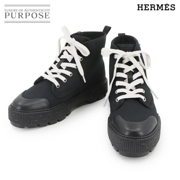未使用 展示品 エルメス HERMES イティネレール ハイカット スニーカー キャンバス レザー ブラック 38 25.0cm Itineraire 90299691