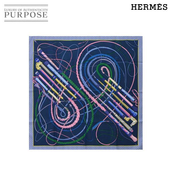 未使用 展示品 エルメス HERMES カレ 90 Fouets et Badines 鞭とグリップ 大判 スカーフ シルク 100% ブルーペトロール 90299698