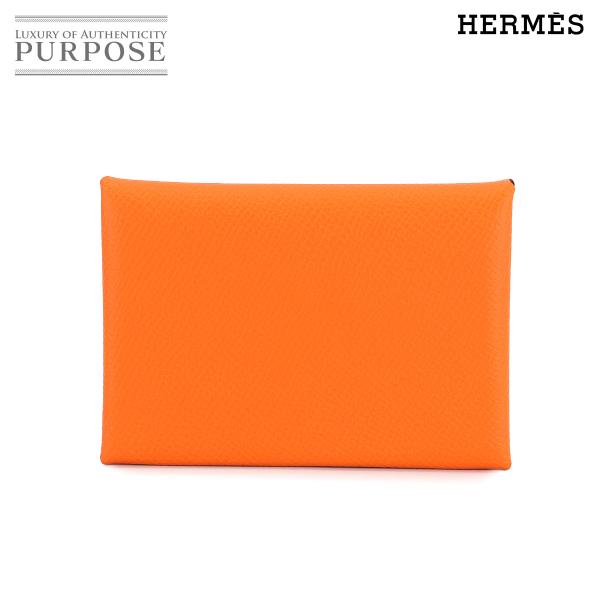 未使用 展示品 エルメス HERMES カルヴィ デュオ カードケース エプソン オレンジ B刻印 シルバー 金具 Calvi Duo Card Case 90314498
