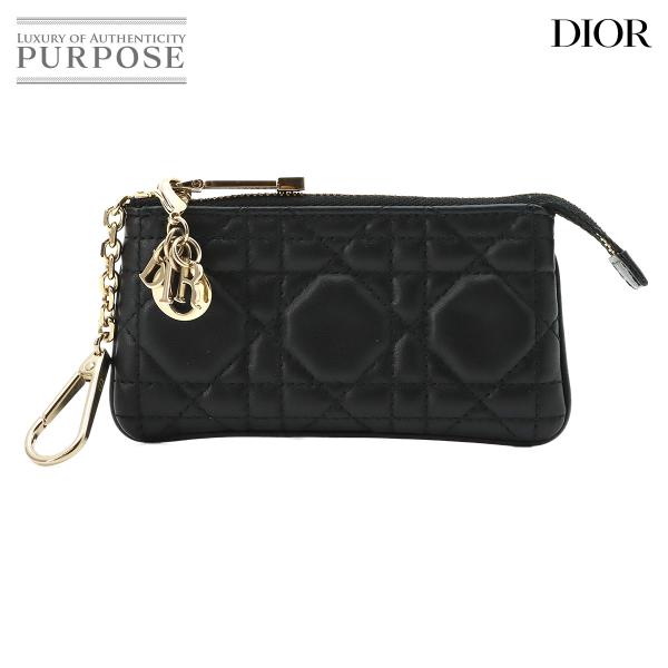 新品同様 クリスチャン ディオール Christian Dior カナージュ コインケース 小銭入れ レザー ブラック ゴールド 金具 90321717