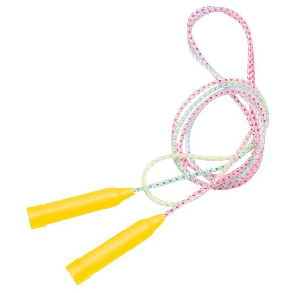 カラフルでポップななわとび！全長：約2.4m、柄：φ20×90mm縄：PVC、グリップ：PPヘッダー付PP袋入