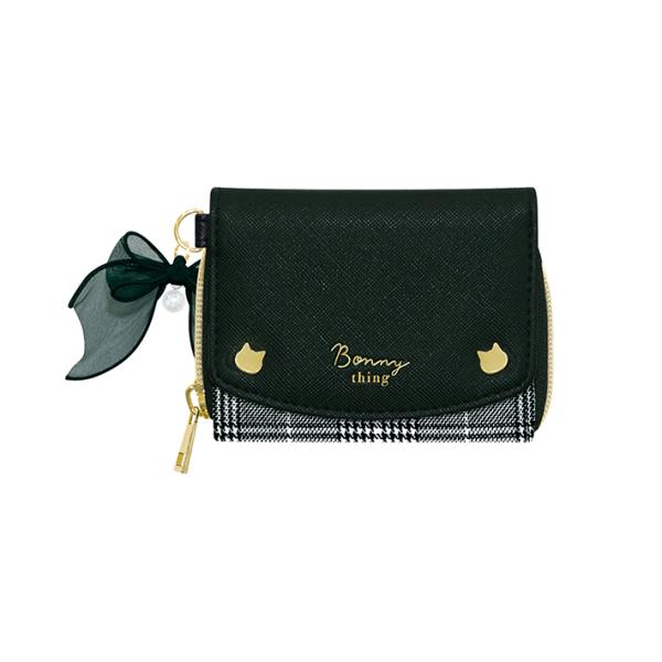 プレゼントにもおすすめ♪トレンドのグレンチェック×リボンが可愛い三つ折り財布◎コイン部分はファスナータイプのお財布です。【仕様】サイズ：約H70×W100×D30mm素材：合成皮革グッズ　サイフ　かわいい　おしゃれ　女の子　プレゼント　ギフ...