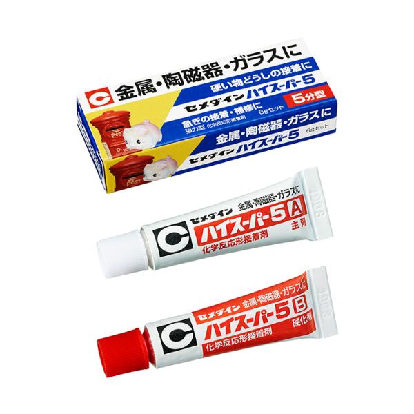 2液混合型エポキシ系接着剤。5分で硬化しはじめます。金属・陶磁器・ガラスの接着に。【仕様】パッケージサイズ：約W33×H82×D17mm容量：6g成分：A剤/エポキシ樹脂　B剤/ポリチオール日本製DIY　日曜大工　工作　図工　模型　ホビー　...