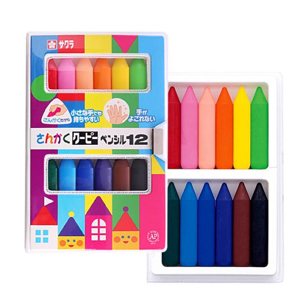 三角で太い形のはじめて使うクーピーペンシル☆・正しい持ち方がしやすい三角の形です。・折れにくく、たっぷり描ける太軸です。・ベタつかず、手が汚れません。・開け閉めしやすいソフトケース入りです。【サイズ(パッケージ)】約W115×H180×D2...