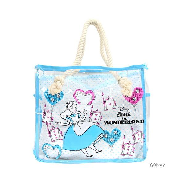 ふしぎの国のアリスのキュートなプールバッグ♪夏らしいロープの持ち手がポイントです☆バッグのサイズに合った取り外しのできる巾着袋つき！巾着に入れておけば中の荷物が透けずオシャレに持ち運びができちゃいます♪【サイズ】バッグ本体：W35×D10×...