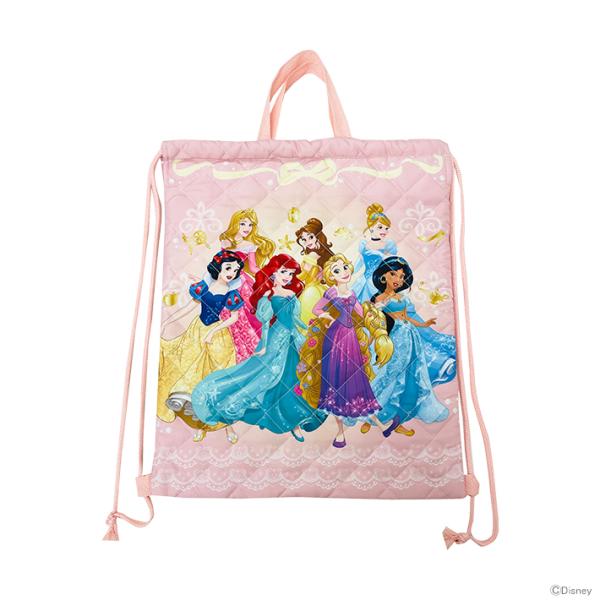 ディズニー・プリンセスのかわいいキルトナップサックです。机の上に掛けられる持ち手付き♪体操服入れなど様々なシーンで活躍しそうです。入学や新年度の準備にピッタリ♪【仕様】サイズ：約320×390mm(持ち手：100mm)材質：ポリエステルキャ...