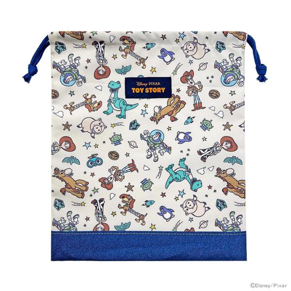 トイ・ストーリーかわいい巾着袋です。給食袋やコップ袋、小物入れなど様々なシーンで活躍しそう♪使用しない時は折りたたんで簡単に小さく収納できる◎【仕様】本体サイズ：約W260×H300mm材質：ポリエステルきんちゃく　体操服袋　体操着入れ　キ...