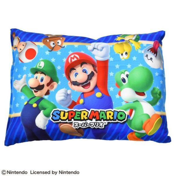 スーパーマリオの子供用枕が登場！人気のキャラクターが集合した楽しい柄です◎【仕様】サイズ：約H280×W390mm素材：枕カバー／ポリエステル100％ 、枕(側生地・詰め物)／ポリエステル100％マクラ　キッズ　寝具　かっこいい　ギフト　プ...
