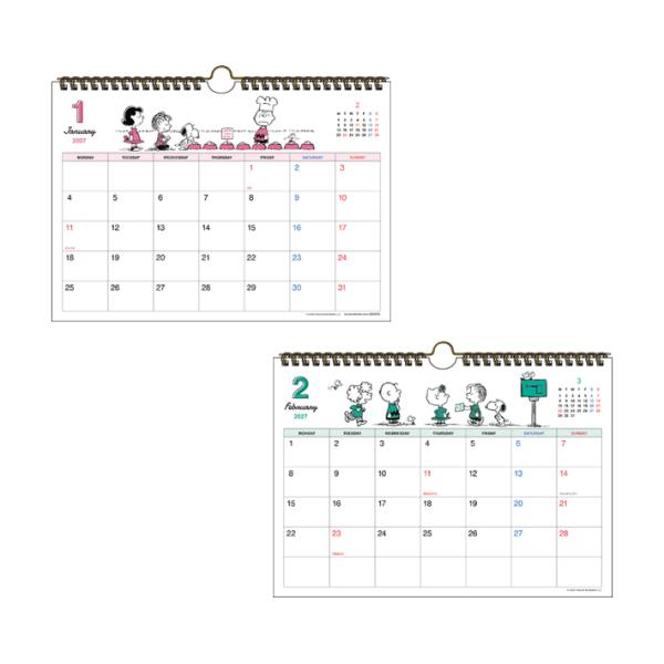 ※こちらの商品は2026年8月末頃発送予定の予約販売商品です。他の商品と一緒にご購入・同梱配送ができません。個別に送料が発生します。予めご了承の上、お買い求めください。お洒落な配色のスヌーピーの横型リングカレンダーです。ブロックタイプでメモ...