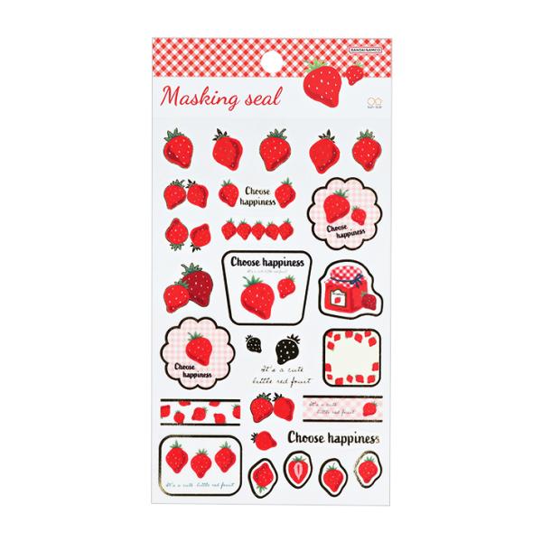ギンガムチェック×イチゴのかわいい文具シリーズが登場♪貼ってはがせるマスキングテープ素材のシール♪手紙やデコレーション、ラッピングなどに使えます◎おしゃれな箔押し入り！【仕様】本体サイズ：約W90×H145×D0.1mmパッケージサイズ：約...
