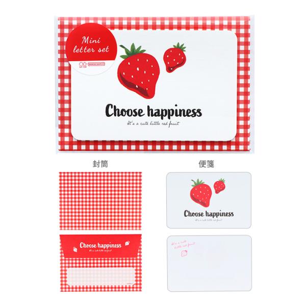 ギンガムチェック×イチゴのかわいい文具シリーズが登場♪ちょっとしたメッセージやメモにおすすめなレターセットです♪イチゴ柄の封筒と便箋がかわいい♪※郵送はできません。【仕様】便箋サイズ：約W90×H60×D0.3mm封筒サイズ：約W104×H...