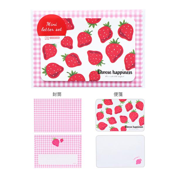 ギンガムチェック×イチゴのかわいい文具シリーズが登場♪ちょっとしたメッセージやメモにおすすめなレターセットです♪イチゴ柄の封筒と便箋がかわいい♪※郵送はできません。【仕様】便箋サイズ：約W90×H60×D0.3mm封筒サイズ：約W104×H...