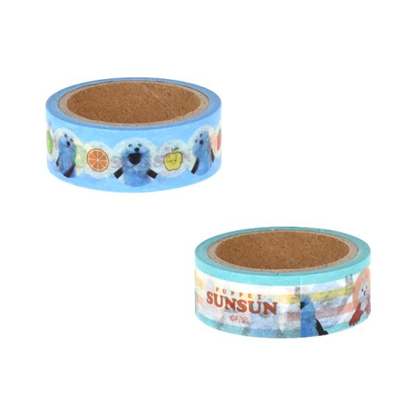 パペットスンスンのマスキングテープです。使いやすい15mm幅で、ノートや小物のデコレーションにピッタリ！【柄】・フルーツ柄(4901770904528)・ボーダー柄(4901770904535)【仕様】本体サイズ：約15mm幅×約5mパッケ...