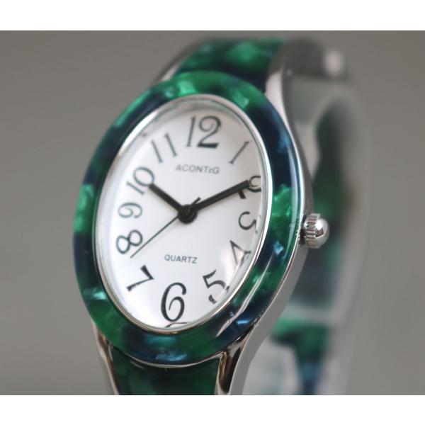 日本製ムーブメントでオリジナルデザインです。マーブル調で楕円形のデザインがおしゃれなファッションウォッチです。ブレスレットの様にファッションアイテムとして活躍します。カラー：グリーン・ホワイト・ブラウン・パープル・ブルー・ブラックよりお選び...