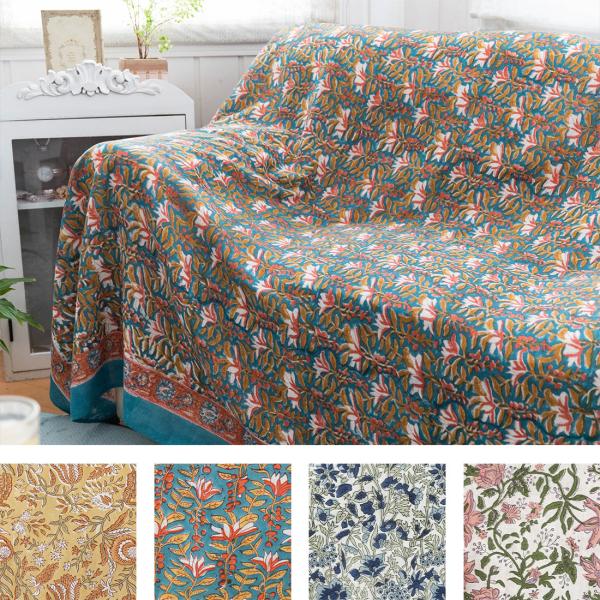 インドの伝統的な木版プリントのイタワ 生地のマルチクロスインドの伝統的なブロックプリントのマルチクロスです。植物や幾何学模様が彫られた木版でスタンプのように柄をつけていくブロックプリント。柄のかすれ具合やズレなど、手作業ならではの味わいが楽...