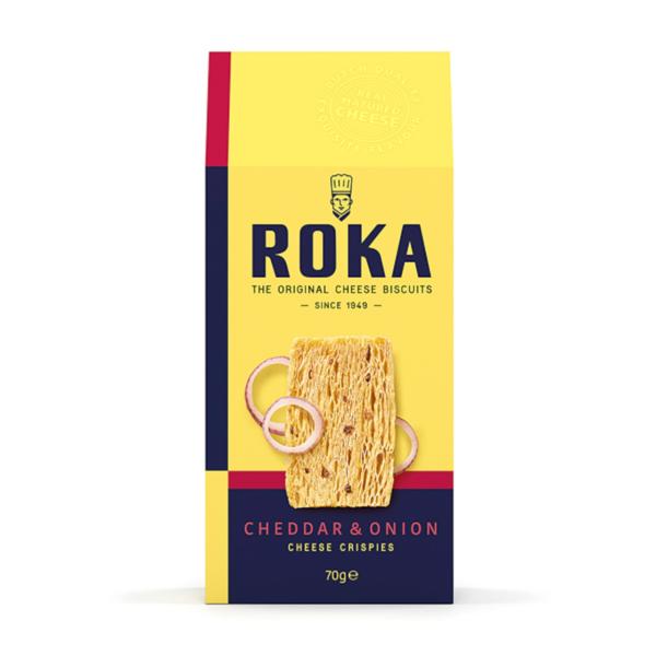 ロカ チーズクリス プ・チェダー＆オニオン 70gクリスプな食感、広がるチェダーとオニオンの香りとガーリックのアクセントが、白ワインや生ビールに最適です。（チーズ含有量30％）賞味期限2026.9.9