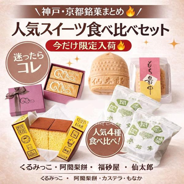 【商品概要】百貨店で人気の和菓子を少しずつ楽しめる食べ比べセットです。・仙太郎 もち最中・鎌倉紅谷 クルミッ子・福砂屋 キューブカステラ・阿闍梨餅人気和菓子を4種類詰め合わせました。ご自宅用はもちろん、ちょっとした贈り物にも【内容量】●仙太...
