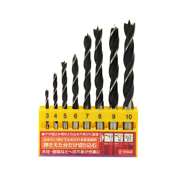 安定した穴あけ作業ができる木工用ドリルです。【用途】木板・合板の穴あけ作業。【機能】穴あけしやすいブラッドボイント刃です。止め穴に最適です。●サイズ:3・4・5・6・7・8・9・10mm。●丸軸。●8本組。