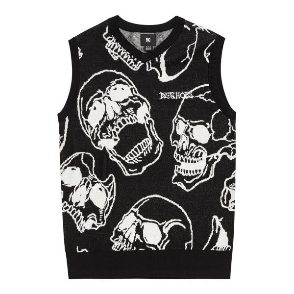ボディ全体にあしらわれたジャガードのスカル柄が存在感を発揮するVネックのニットベスト。胸元にはアグレッシブなDCSHOESロゴの刺繍をレイアウトしました。ストリートカジュアルな着こなしの主役を飾る個性的な一着。強い印象を与えるデザインであり...