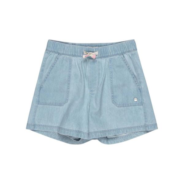 デニム見えする、軽いダンガリー生地のコットンショートパンツ。ウエストはゴムと紐の仕様なので、ストレスフリーで着用できます。大きめのサイドポケットが特徴です。シンプルなデザインなので、どんなトップスとも合わせやすくひとつ持っていると便利なアイ...