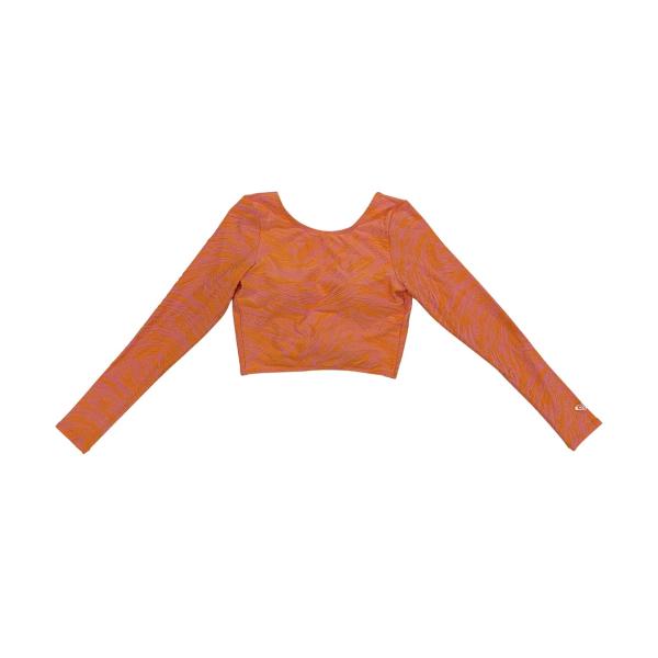 カップ付きのショート丈ロングスリーブラッシュガード。バックはリボンで結べるので、好みのフィット感に調整することができます。パッドは水抜けのよいウォータースルーパッドを採用しました。一枚で着用できるのでサーフィンにもぴったり！