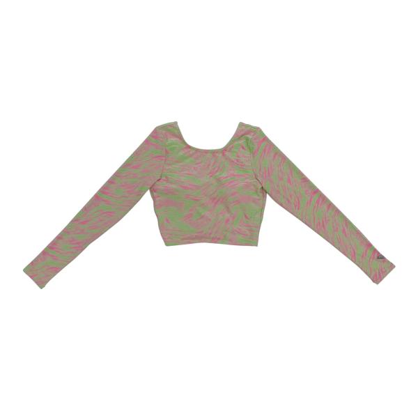 カップ付きのショート丈ロングスリーブラッシュガード。バックはリボンで結べるので、好みのフィット感に調整することができます。パッドは水抜けのよいウォータースルーパッドを採用しました。一枚で着用できるのでサーフィンにもぴったり！