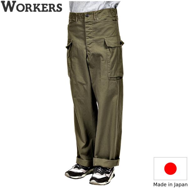■商品名：WORKERS M43 Trousers Mod, OD Herringbone■サイズ：商品ページ内のサイズ表をご確認ください。■素材：9.8オンス・コットン100％・ヘリンボン以前「俗に M43 と呼ばれている」サイドにカーゴ...