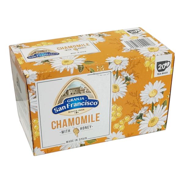　スペインの老舗はちみつ屋 グランハサンフランシスコさんが作った、はちみつ入りカモミールティー。ティーバッグの中に、茶葉と一緒にはちみつがパウダー状になって入っています。　優しく鼻に届く香りが、人気を集めています。リンゴを連想させる甘い香り...