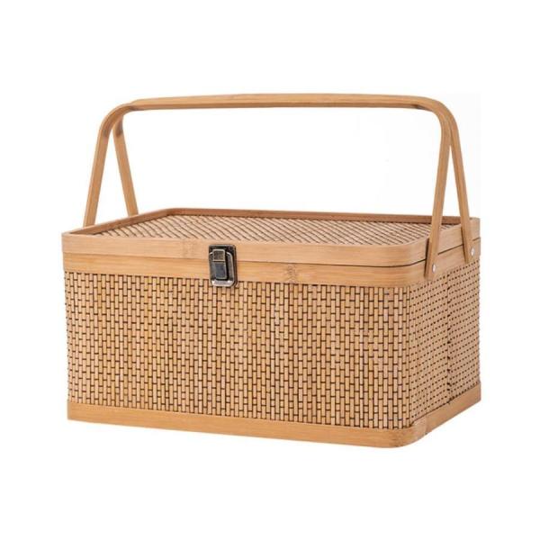 竹籠 竹篭 収納ケース 編まれた 天然素材 ふた付き 野点 茶道 茶道具 収納箱 フタ付き かご 収納 バスケット 長方形ピクニックバスケット 整理収納竹ポータブル