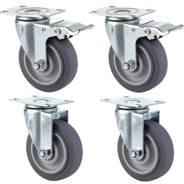 4寸ゴムキャスター 車輪90kg耐荷重 360度回転 ミュートキャスター 輪直径Φ100mm TPRゴム車輪 ブレーキ付き ボールベアリング 4個工業用キャスター ユニバーサル
