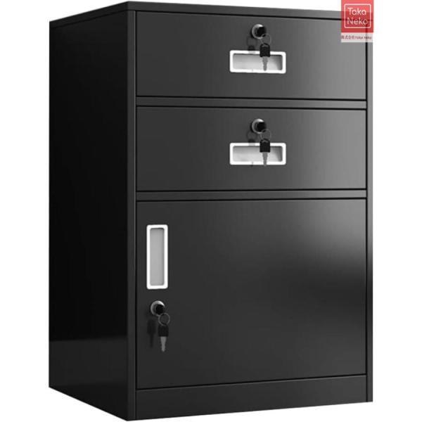 【商品仕様】サイズは高さ 65× 幅 44× 奥行 39cm、耐荷重が 200kg です。素材はスチール製で、静電パウダーコーティングが施されており、サビ防止に効果があります。カラーはブラックで、2 段引き出しが設けられています。この設計に...