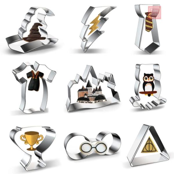 パッケージ - 異なる形状のクッキーカッター9個入り:ローブ、ホグワーツ城、三角形/死の秘宝、魔女の帽子/おしゃべりする仕分け帽子、魔法使いの世界トライウィザードカップ、メガネ、稲妻、フクロウの形をしたクッキークレイカッターフォンダンビスケ...