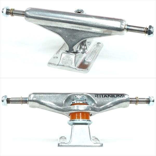 老舗トラックメーカー、インディペンデント。シャフトにチタニウムを使用した最軽量モデルのForged Titanium、Standard(Hi)の129幅。129幅は7.375"(18.7cm)から8.0"(20.4cm)前後のデッキに使用で...