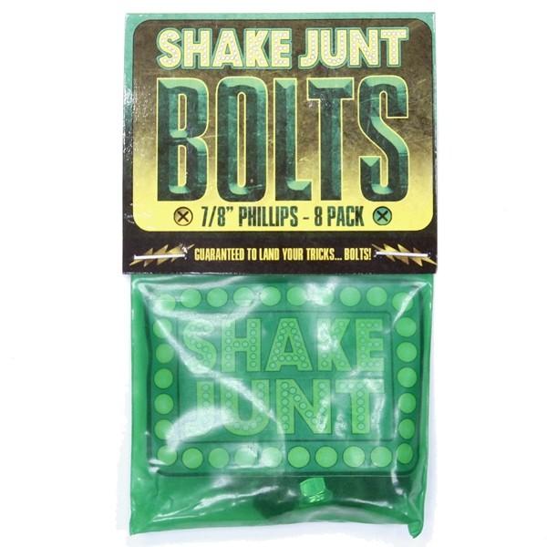 Shakejuntのボルト、ナットセット。前後が分かりやすいようにカラーボルト2本が入っています。デッキとトラックだけを留められるピッタリの長さの7/8インチ、プラスドライバーで締める十字タイプ。ボルトのヘッドが小さいタイプなのでデッキ表面...