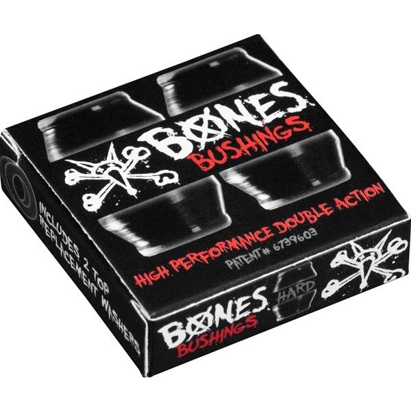 硬いコアと高反発ウレタンの二層構造のBonesブッシュ、ハードの黒。中心の硬いコアがキングピンをしっかり挟み、ブッシュゴムをブレないようにすることで、周りの高反発ウレタンの反発のみでハンガーをスムーズに動かします。硬さはHard:96A、M...