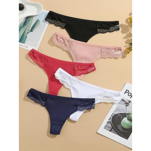 セクシーなローライズレーストリムTバックパンティー5枚セット - 無地、Vストリングデザイン、快適＆スタイリッシュなカジュアルアットワイヤー、レディース下着