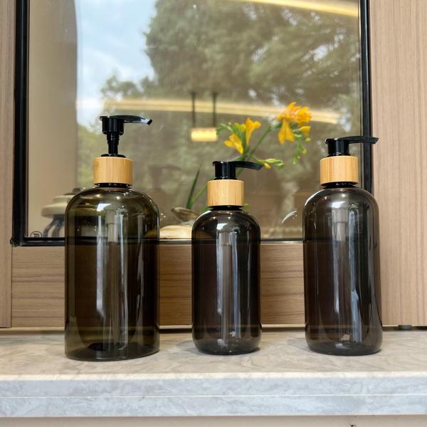 350ml 透明ブラックの空のディスペンサーボトル、竹製ポンプ、ローション、シャンプー、シャワージェル、液体石鹸のコンテナ
