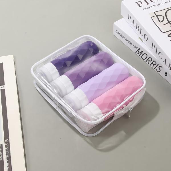 TSA承認済み旅行用ボトル4個セット - 漏れ防止スクイズ式3ozコンテナ（ドロッパー付き） - 携帯用シャンプー、コンディショナー、ローションボトル - 飛行機、ジム、キャンプ用（手洗いのみ）