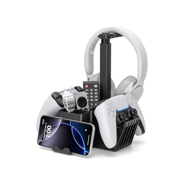 ミニマルモダン。黒い/-/KDD-760・Color:黒い・コントローラー スタンドおしゃれ5-in-1 デスクオーガナイザーは、ヘッドフォン、2つのコントローラー、スマートフォン、リモコン、ペン、はさみなどを同時に収納することができ、スペ...