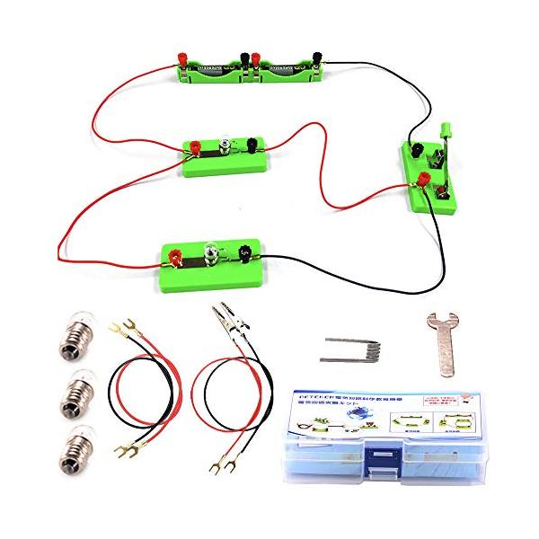 グリーン/はじめての電気回路/-・キット内容：電池ボックス 2個、スイッチ 1個、豆電球ソケット ２個、ビニル導線 8本（U型 6本、クリップ式 2本）、豆電球 5個（2.5V 3個、3.8V 2個）、電熱線 2個（細い 1個、太い 1個）...