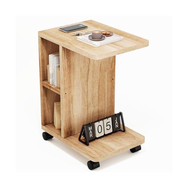 モミジ色/-/-・Color:モミジ色・1.応用が広い：車輪付きのサイドテーブルは仕事、食事、おやつ、コーヒー、雑誌を読むのに便利で、リビング、寝室、書斎、小空間、特にソファーとベッドのそばに適しています。 いつでもどこでも本や日用品をスト...